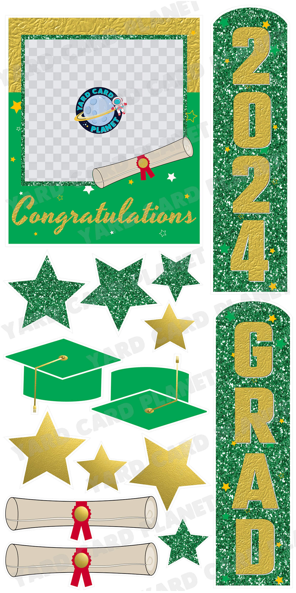 Gold and Green Congratulations Grad Photo Frame and EZ Setup Pillars Y